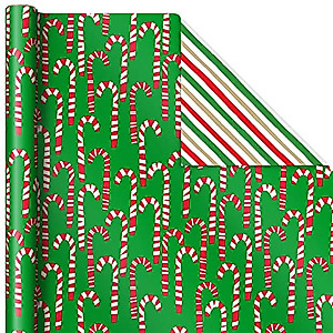 Hallmark Reversible Christmas Wrapping Paper (3 Rolls: 120 sq. ft. ttl) Rustic Santa, Papercraft Snowmen, Candy Canes, Stripes, Snowflakes, "Merry Christmas to You"