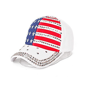 Soochat 4th of July Cap American Flag Baseball Cap Sparkle Rhinestone USA Flag Hip Hop Hat for Women Men