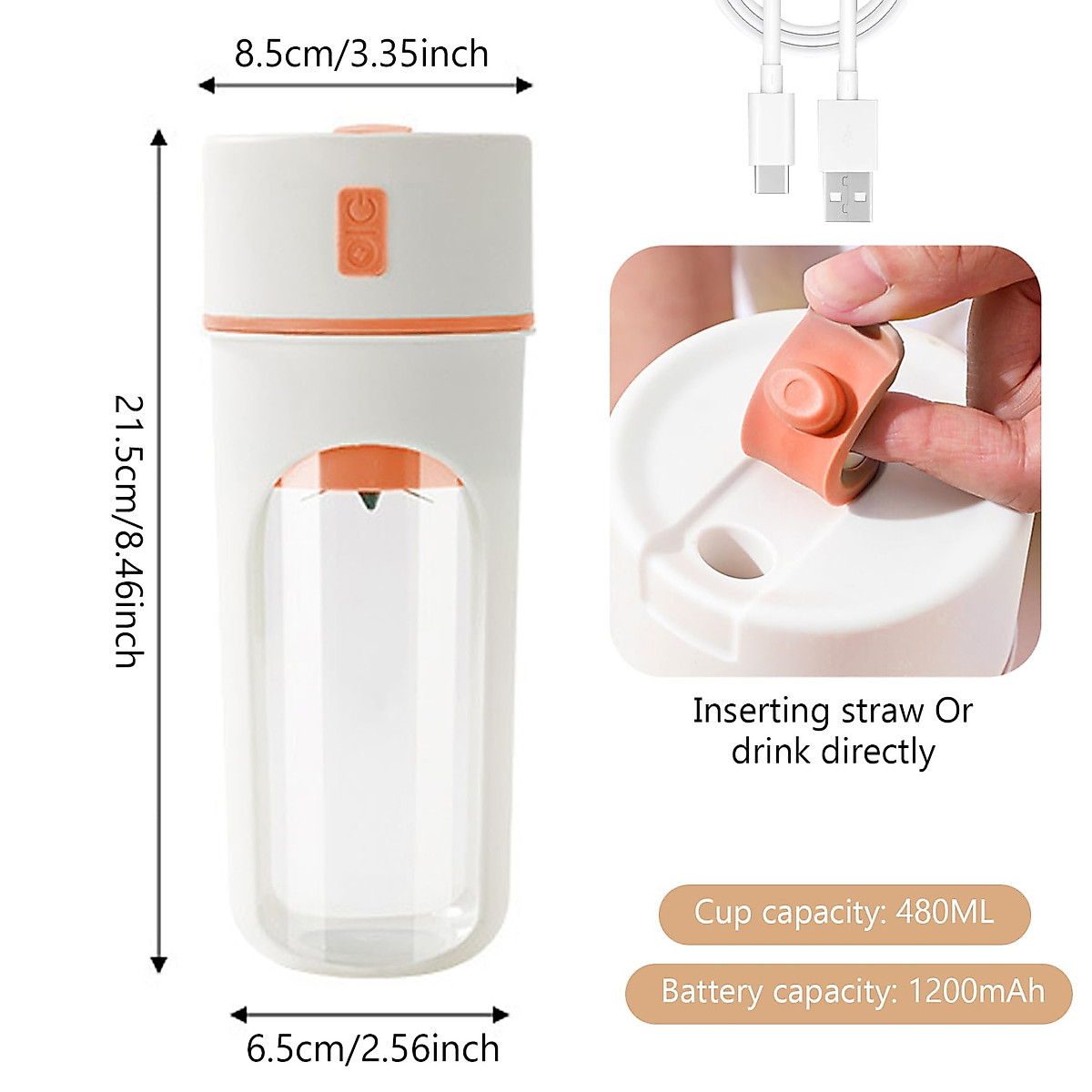 Portable Blender, 480ml Portable Juicer Blender with 6-Blade, Portable Blender Cup for Shakes and Smoothies, USB Blender for Office, Gym, Kitchen, Travel, Portable Blenders