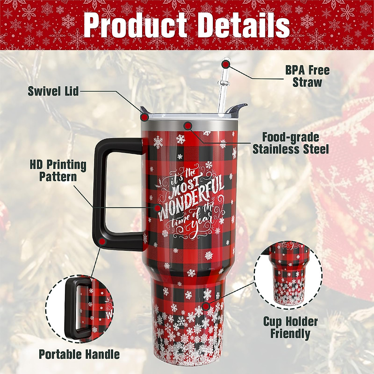 owbgsdh 40 oz Christmas Tumblers with Handle and Straw, Buffalo Snowflakes 40oz Stainless Steel Vacuum Insulated Travel Coffee Mug Cup Water Bottle, Christmas Decor Stuff Accessories Gifts for Women