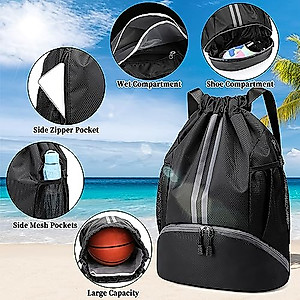 SOPIME Drawstring Backpack Gym Bag for Men, Lightweight String Bags Sports Cinch Sackpack with Shoe Compartment Water Resistant Large Gym Sack for Fitness Swim Basketball football Travel Beach (Black)
