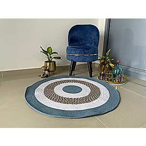The Weaving Buddha Organic Round Cotton Mat Braided and Woven for Home Decor 3 feet (36 inches) Blue and White …