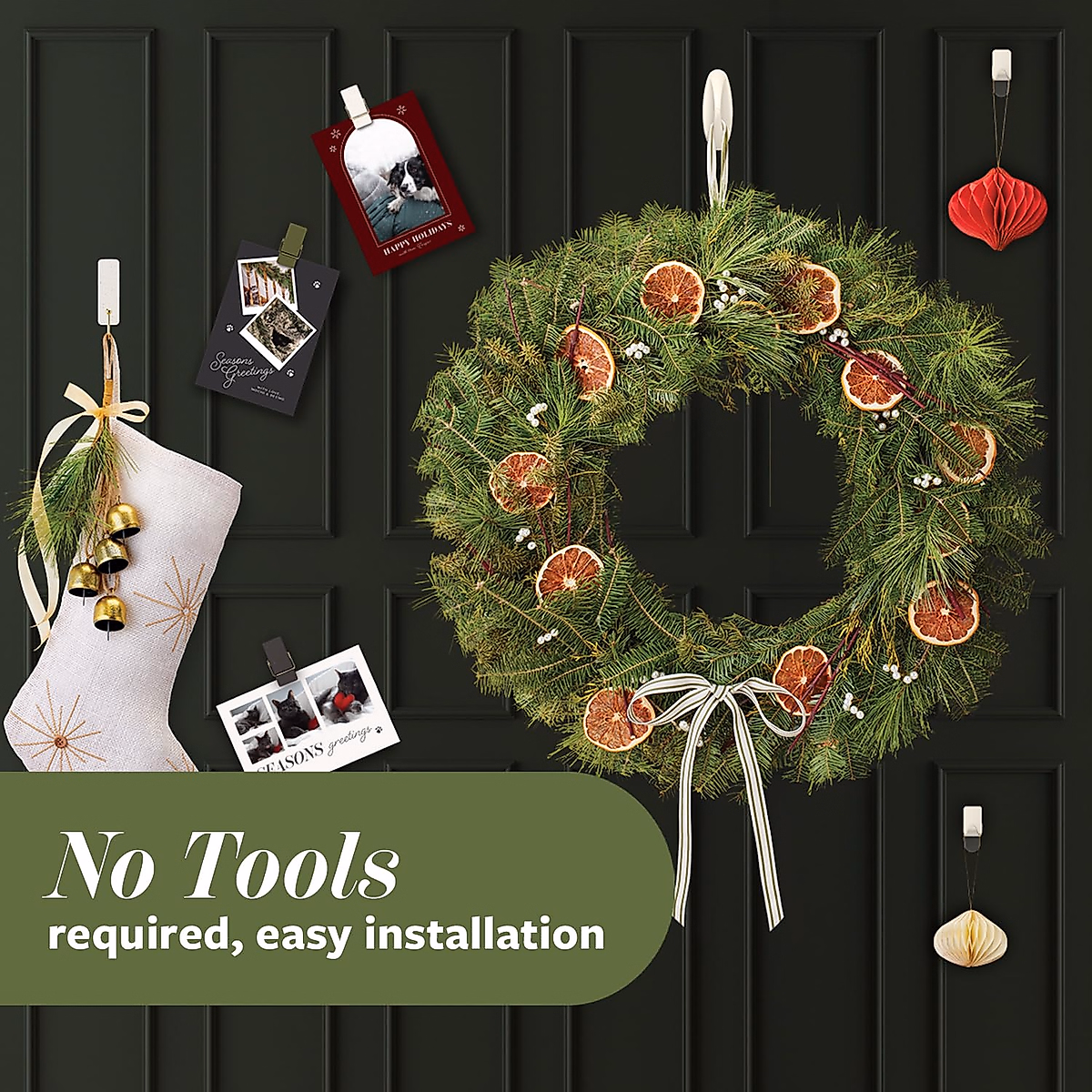 Command Mixed Hooks Pack, 10 Sage Hooks, 12 Strips (2 Medium Hooks, 8 Spring Clips), Wall Hooks for Hanging Christmas Decorations