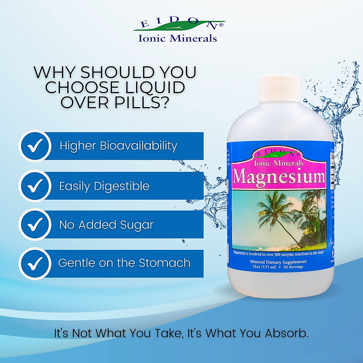 Eidon Liquid Magnesium Concentrate - Ionic Magnesium Drops Supplement for Adults, Men and Women, Supports Muscle Relaxation, Bioavailable, No Additives or Preservatives - Magnesium Chloride, 18 oz