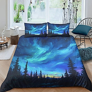 MIMIBEDDING Northern Lights for Boys Girls Comforter Covers 3D Print Blue Quilt Cover Duvet Cover with Pillow Cases Bedding Set Soft Microfiber with Zipper Closure 3 Pieces Queen（228x228cm）