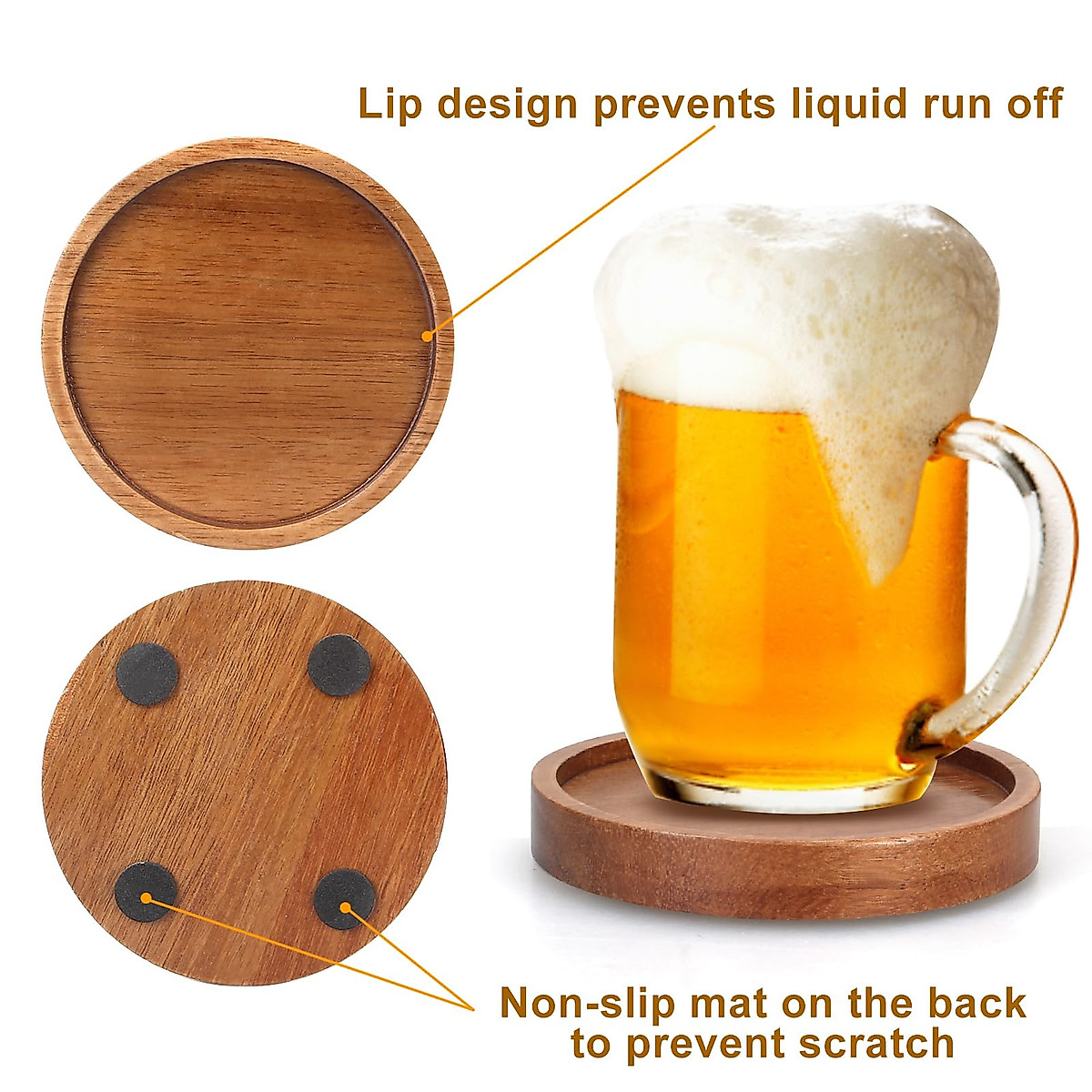 6 Pcs Best Wooden Coasters with Holder Coffee Table Coasters for Drink Acacia Wood Coaster Set Modern Cup Coasters Cute Beer Coaster Bar Coasters Decorative Beverage Rustic Outdoor Coasters