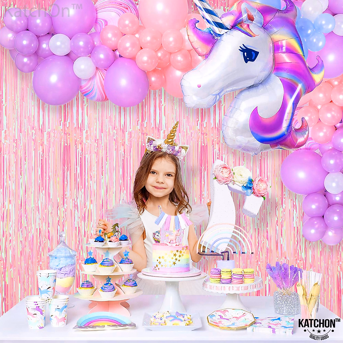 KatchOn, XtraLarge Pink Iridescent Fringe Curtain - 3.2x8 Feet | Iridescent Backdrop for Iridescent Party Decorations | Pink Birthday Decorations | Pink Fringe Backdrop for Pink Party Decorations