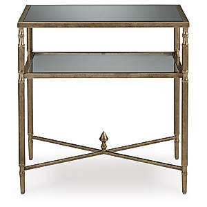 Signature Design by Ashley Cloverty Industrial Mirror-Tabletop End Table with Round Legs and Glass Shelf, Metallic