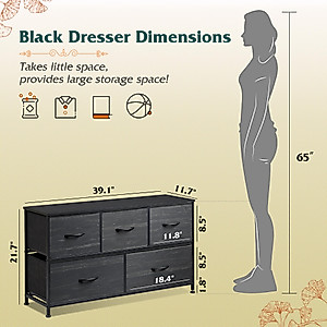 WLIVE Dresser for Bedroom with 5 Drawers, Wide Chest of Drawers, Fabric Dresser, Storage Organizer Unit with Fabric Bins for Closet, Living Room, Hallway, Charcoal Black Wood Grain Print