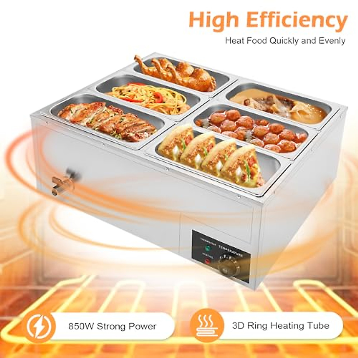 6-Pan Commercial Food Warmer, 850W Commercial Food Warmer Steamer Temperature Adjustable, Electric Stainless Steel Countertop for Parties, Catering, Restaurants