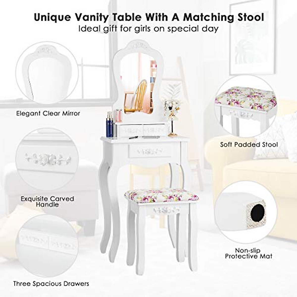Giantex Vanity Set with 3 Drawers and Cushioned Stool, Makeup Dressing Table for Bathroom Bedroom Small Space, Vanity Table and Bench for Kids Girls Women Gifts (White)