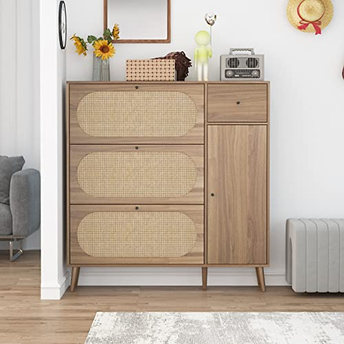 Henf Rattan Shoe Cabinet,Shoes Storage Cabinet with 3 Flip Drawers & Boot Rack,Freestanding Modern Shoes Organizer with Wood Legs, Entryway Shoe Rack Cabinet for Heels,Boots,Slippers (Wood Grain)