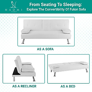 Naomi Home White Faux Leather Futon Sofa Bed, 3-Position Reclining Small Couch with Armrest, 2 Cupholders, 500 lbs Weight Capacity, Living Room