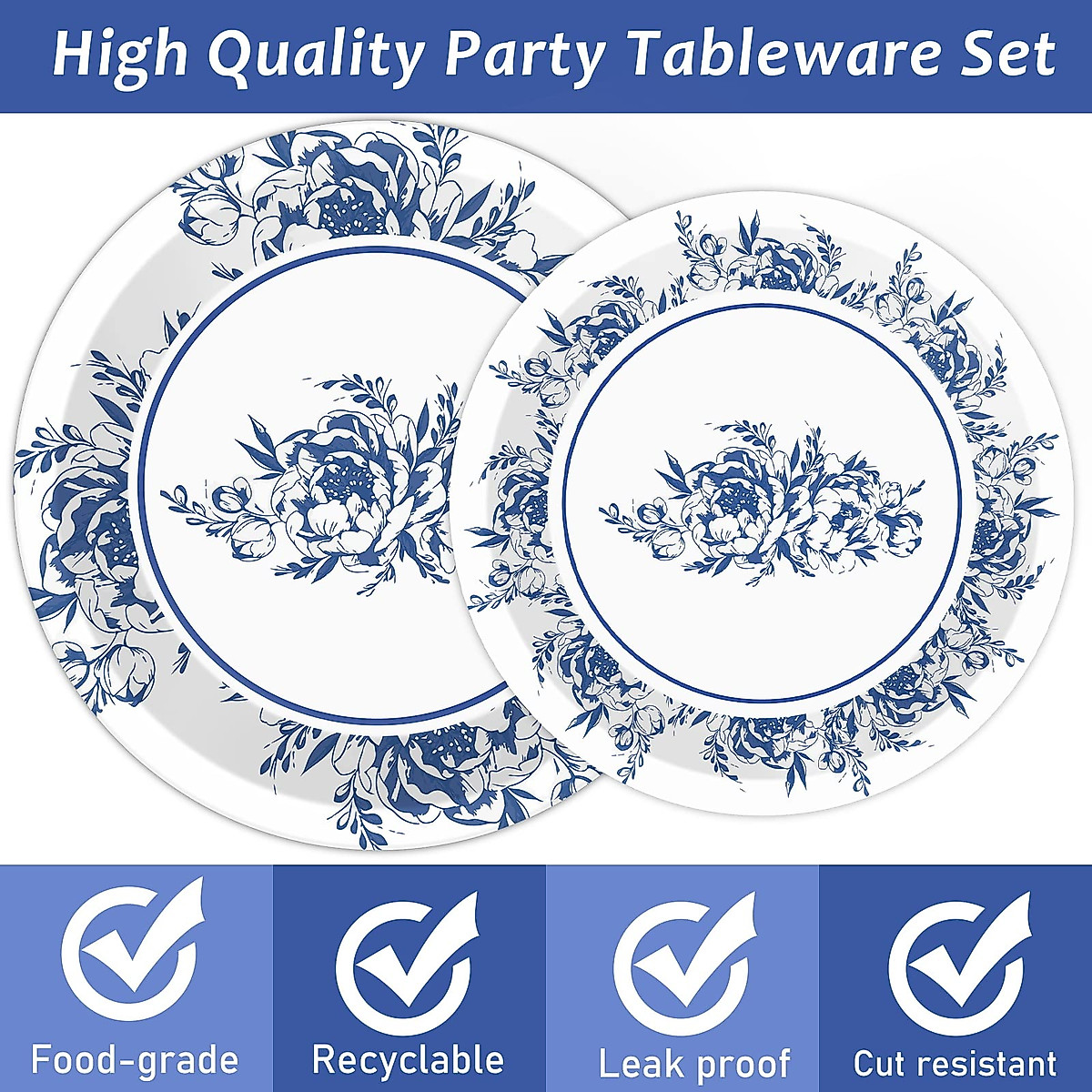 96 PCS Floral Blue & White Flower Party Tableware Set Disposable Party Supplies Decorations Bridal Birthday Baby Shower Tea Spring Summer Dinnerware Decor for Men Women Plates Napkins Forks Serve 24