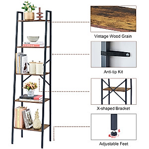 Hoctieon Industrial Ladder Bookshelf, Multifunctional Ladder Shelf, 5-Tier Tall Bookshelf, Open Ladder Shelf Bookcase, for Living Room, Home Office, Kitchen, Bedroom, Metal Frame, Rustic Brown