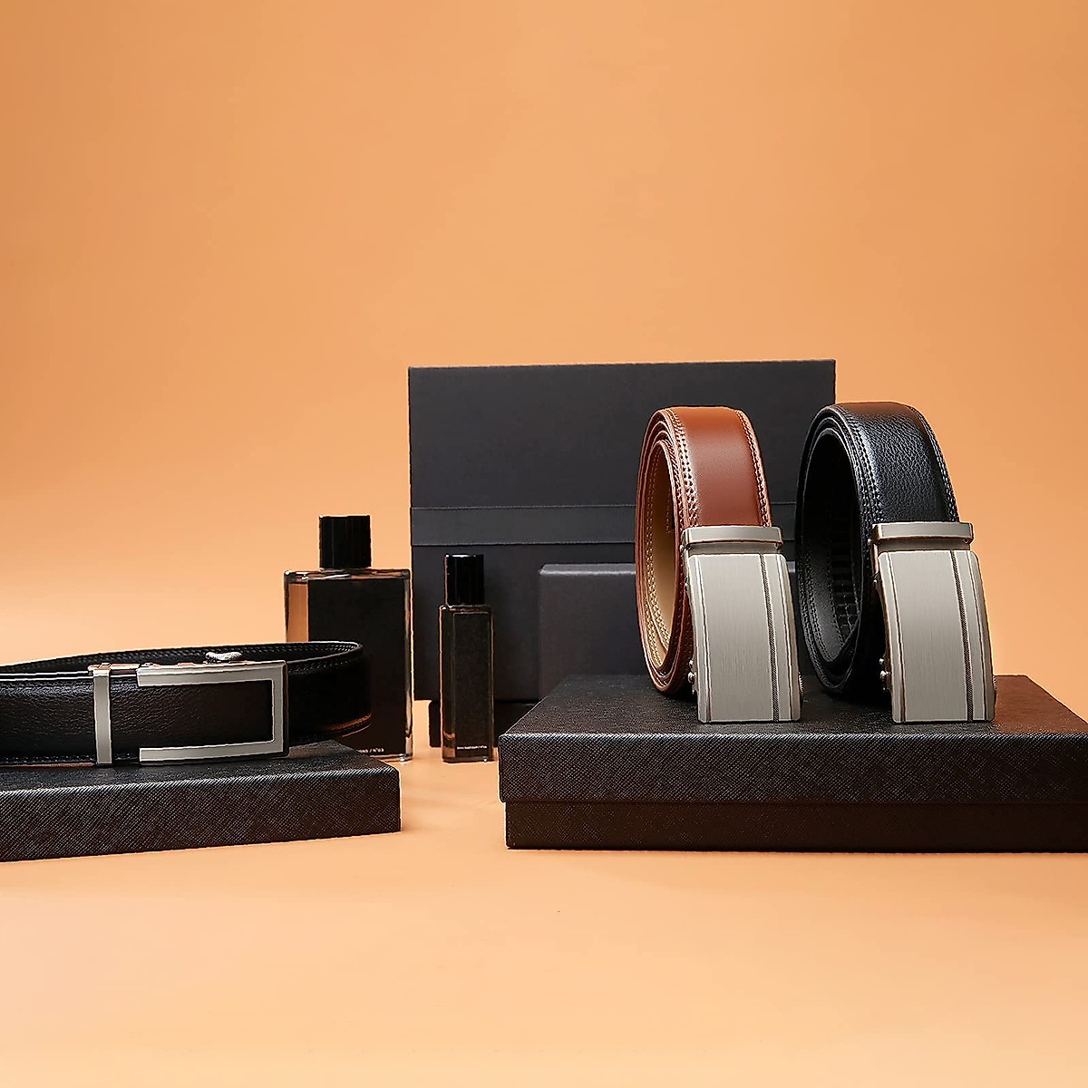 PlusZis 28"-68" Men's Leather Ratchet Dress Belt Big And Tall With Automatic Buckle