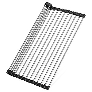 NileHome Roll Up Dish Drying Rack, Sink Drying Rack Over Sink Dish Drying Rack 304 Stainless Steel Foldable Drain Rack for Kitchen Sink Counter Utensils Vegetables and Fruits (17.5''X13.4'')，Black
