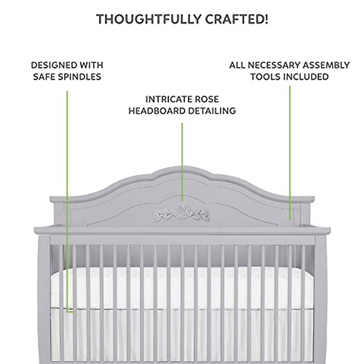 SweetPea Baby Rose 4-in-1 Convertible Crib in Silver Shimmer, Baby Crib with Spindles, Greenguard Gold Certified, Easy Assembly, Sustainable New Zealand Pinewood