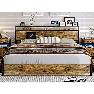 IKIFLY California King Size Lift Up Storage Bed - Metal Cal King Platform Bed Frame with 2-Tier Storage Shelf Headboard & Charging Station, Solid Wood Slats, No Box Spring Needed - Rustic Brown