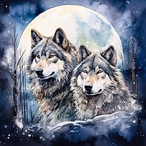 Fabric Panel 14"x14" Wolves Wolf Moon 100% Cotton Quilting Panel Square AM1681