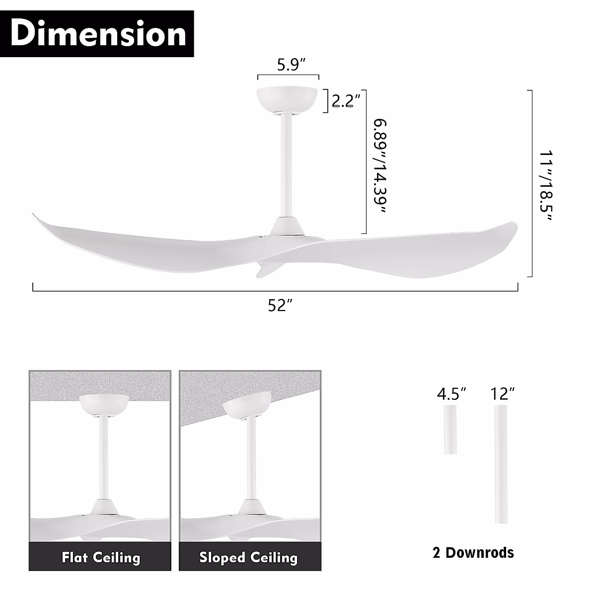 LEDLUX 52" Ceiling Fan no Light, 6 Speed Remote Control, Noiseless Reversible DC Motor, Modern 3 ABS Blades Ceiling Fan with 4.5"/12" Downrods for Bedroom/Living Room/Kitchen White