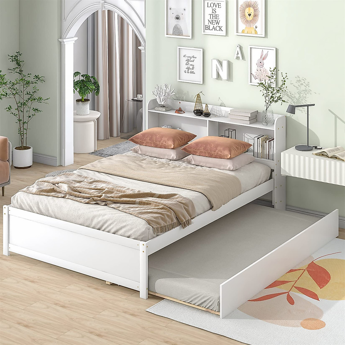 Bellemave Full Bed with Trundle and Bookcase Headboard Wood Platform Beds with Storage and Slat Support for Kids Boys Girls Teens, White