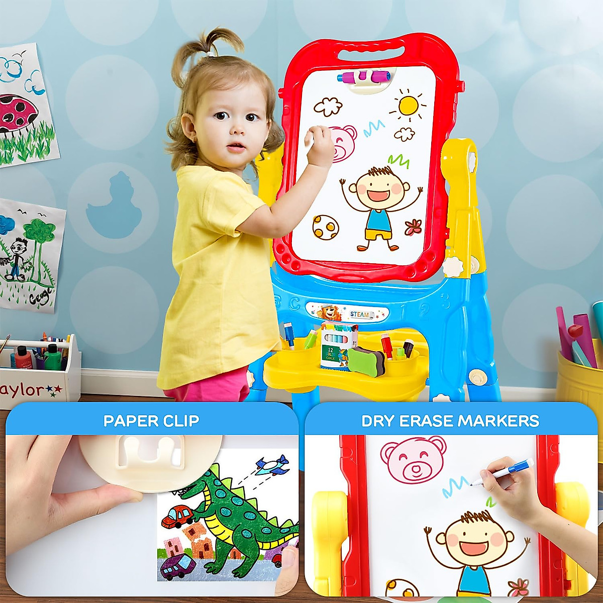 STEAM Life Easel for Kids Art Easel for Toddler Easel - 4in1 Double-Sided Large Magnetic Board Kids Chalkboard Easel Drawing White Board for Kids Magnetic Letters & Numbers Christmas Gifts for Kids