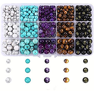 480 pcs Natural Stone Beads for Jewelry Making, Genuine Gemstone Round Beads Kit with White Howlite,Turquoise,Purple Agate,Yellow Tiger Eye,Gold Obsidian Beads for DIY Bracelet Necklace.(10/8/6 mm)