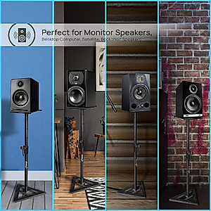 Pyle Speaker Stand Pair of Sound - Play 1 and 3 Holder, Telescoping Height Adjustable from 26” - 52” Inch, High Heavy Duty Three-point Triangle Base w/ Floor Spikes and 9” Square Platform, Black