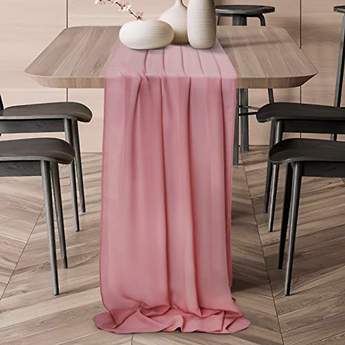 Yastouay Chiffon Table Runner 29x120 Inches Dusty Pink Romantic Wedding Table Runners 10Ft Sheer Table Linens for Bridal Baby Shower Birthday Party Cake Reception Table Decorations
