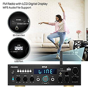 Pyle Wireless Bluetooth Power Amplifier System - 200W Dual Channel Sound Audio Stereo Receiver w/ USB, SD, AUX, MIC w/ Echo, Radio, LCD - For Home Theater Entertainment via RCA, Studio Use - PDA6BU.6