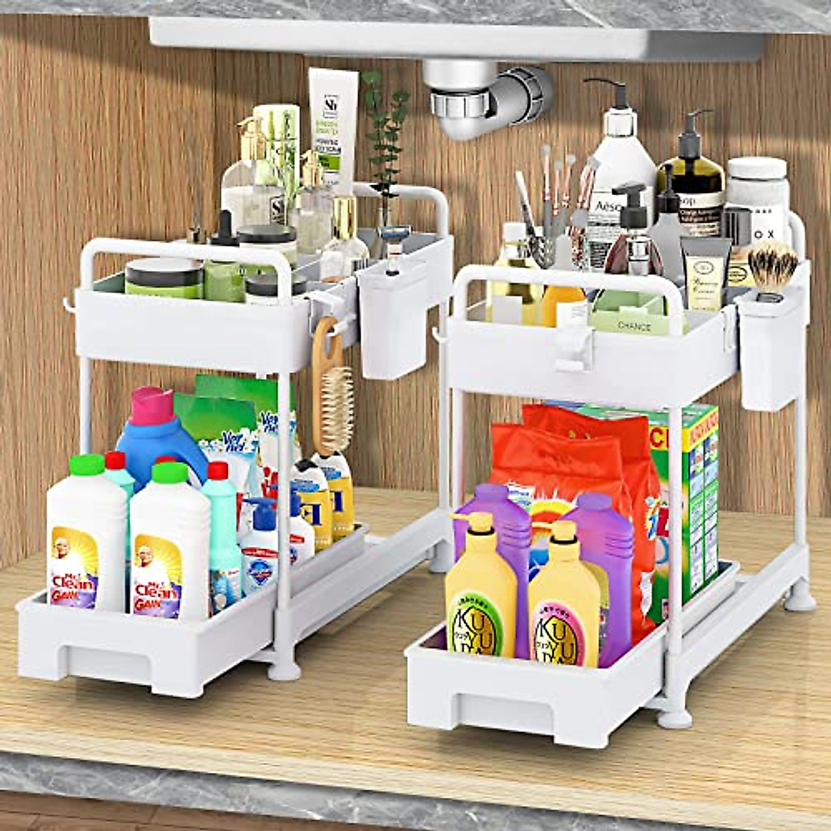 2 Pack Under Sink Organizer- Stackable 2 Tier Bathroom Storage Organizers and Storage with Hanging Cup and Hooks, White Under Sink Shelf Rack for Bathroom Kitchen Countertop Office Cabinets,White