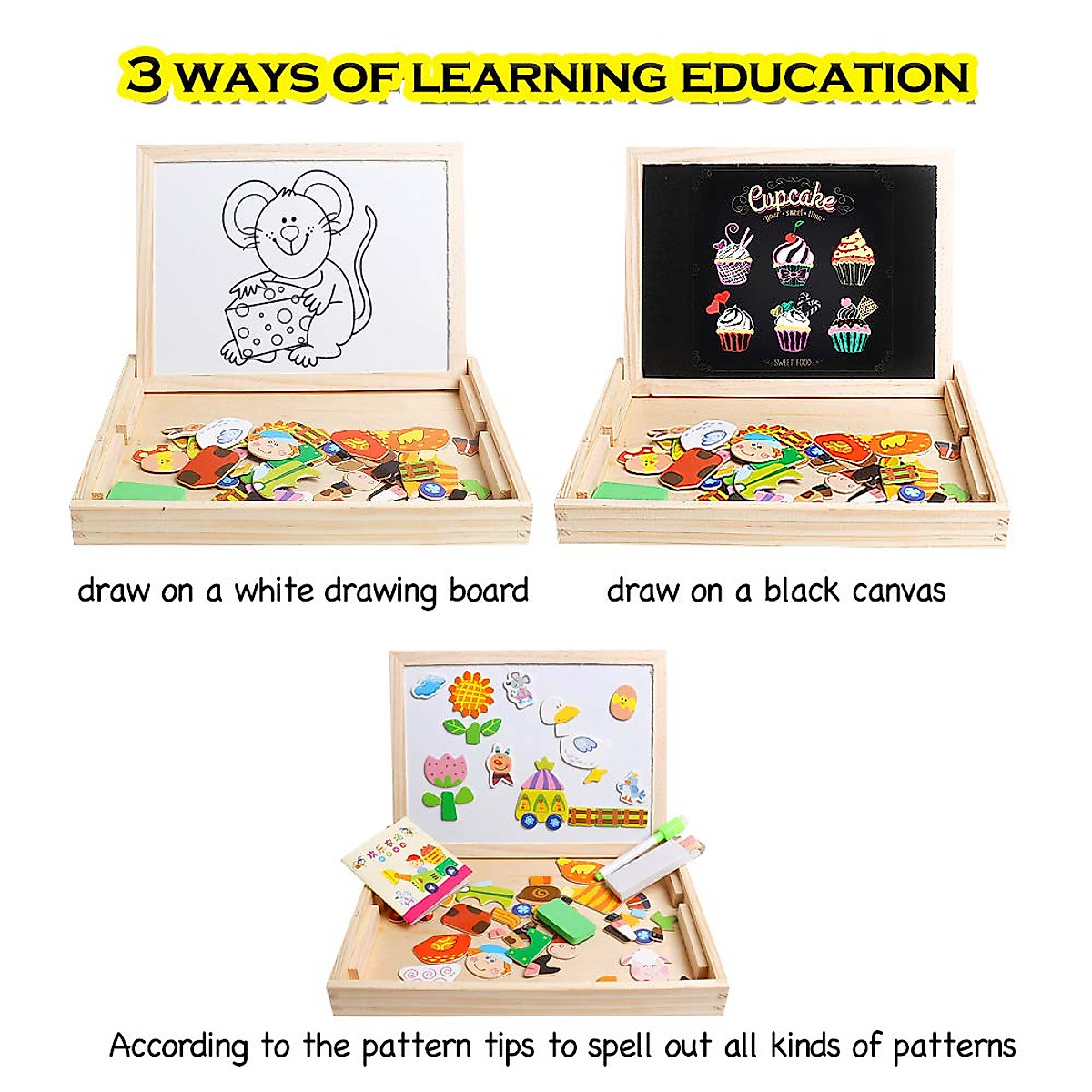 Skrtuan Wooden Educational Toys Magnetic Puzzles for Kids Wooden Art Easel Double Side Educational Learning Games for Boys Girls Children