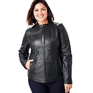Jessica London Women's Plus Size Zip Front Leather Jacket - 14 W, Black