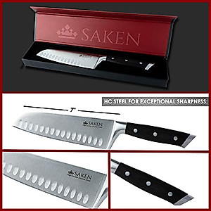 SAKEN Santoku Knife - 7-Inch Japanese Chef Knife with High-Carbon German Steel Blade, Granton Edge, and Ergonomic Handle - Multipurpose Kitchen Knife for Mincing, Slicing, and Dicing