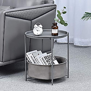 TOOLF End Table, Metal Nightstand, Coffee Round Table, Sofa Side Snack Table with Detachable Tray Top and Fabric Storage Basket, Scandi Style Table for Living Room Bedroom (Dark Grey)
