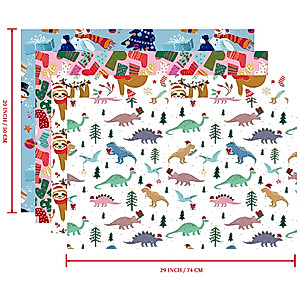 CAMKUZON Christmas Wrapping Paper for Kids Boys Girls Baby Women Men - 12 Sheets Xmas Gift Wrap 4 Cartoon Designs Dinosaur, Sloths, Snowmen, Socks - Folded Flat, 20 Inch X 29 Inch Per Sheet