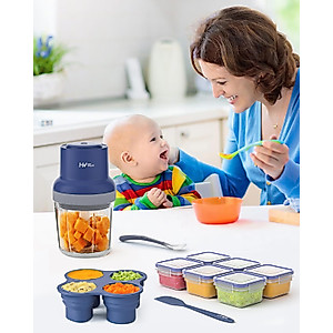 HEYVALUE Baby Food Maker, 13-in-1 Baby Food Processor Sets, Fruit, Vegatable, Meat, Food Puree Blender with Baby Food Containers, Food Freezer Tray, Silicone Spoons, Silicone Spatula (Dark Blue)