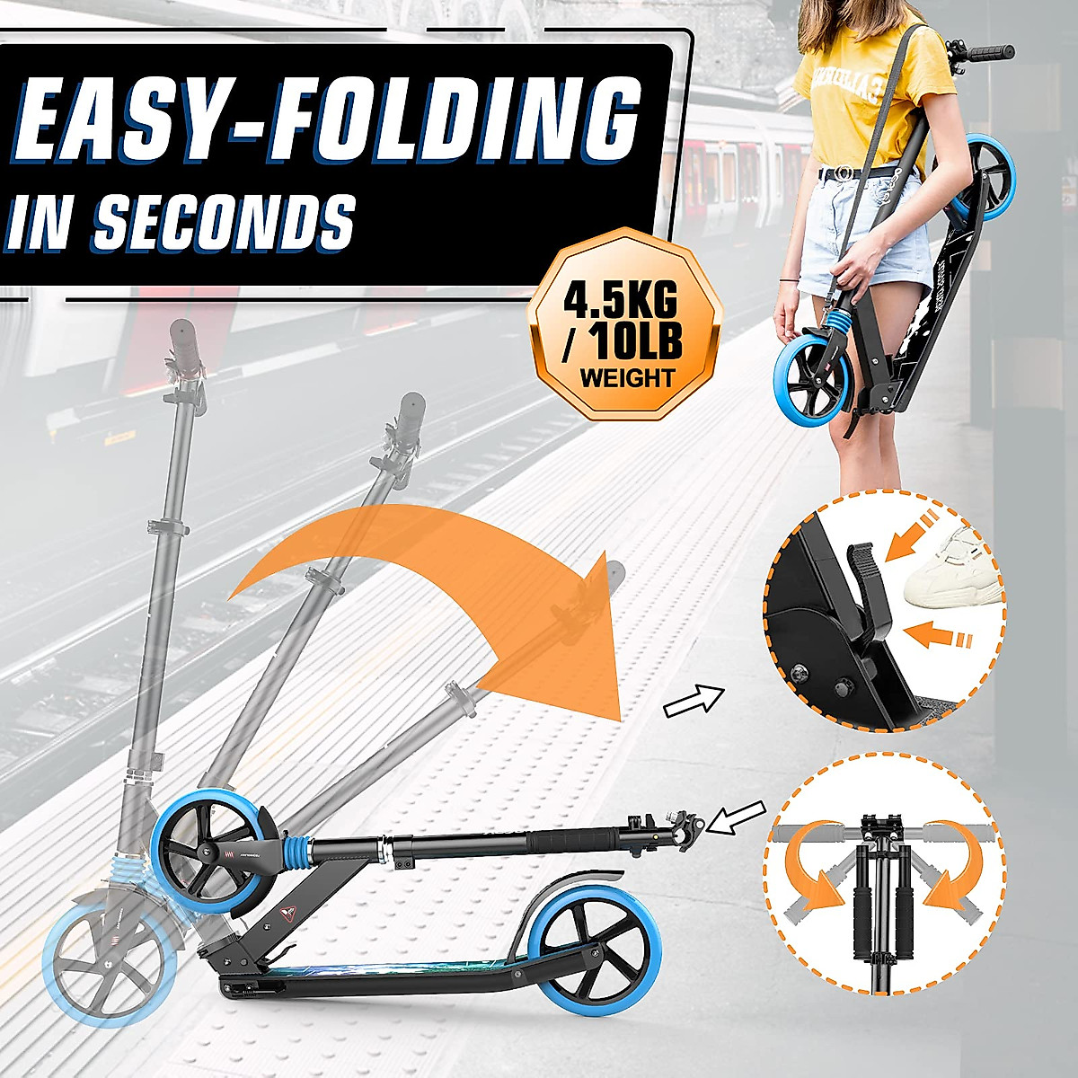 besrey Kick Scooters for Kids 8 Years and up-Teen and Adult Scooter 8" Big Wheels-Foldable Kick Scooters up to 220 Lbs-4 Levels Height Adjustment with Carry Strap (Blue)