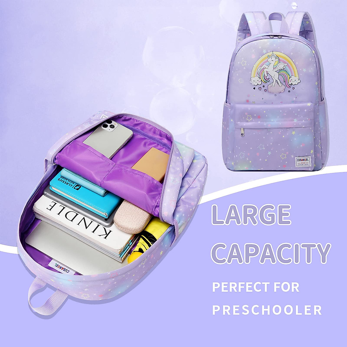 Cusangel Kids Backpack, Durable Cute Multi Compartment Toddler Preschool Elenemtary Backpack for Boys and Girls(Purple)