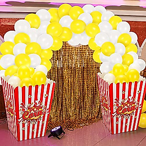 2 Pieces Giant Popcorn Box Cardboard Stand up with 100 Balloons Movie Popcorn 3D Popcorn Box Cardboard Stand up and Yellow White Popcorn Theme Balloons Carnival Decorations for Movie Themed Party