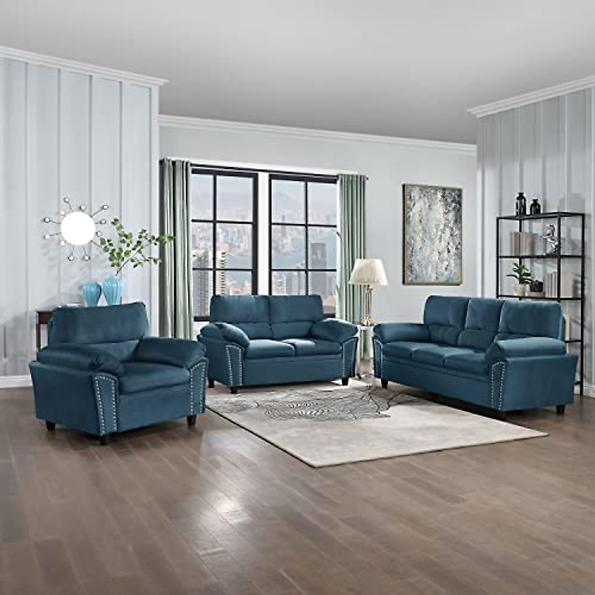 KEVINSPACE 83.26" 3 Seater Sofa Velvet for Living Room,Tufted Upholstered Couch with Wider Arms and Nailhead for Bedroom, Office, Apartment Blue