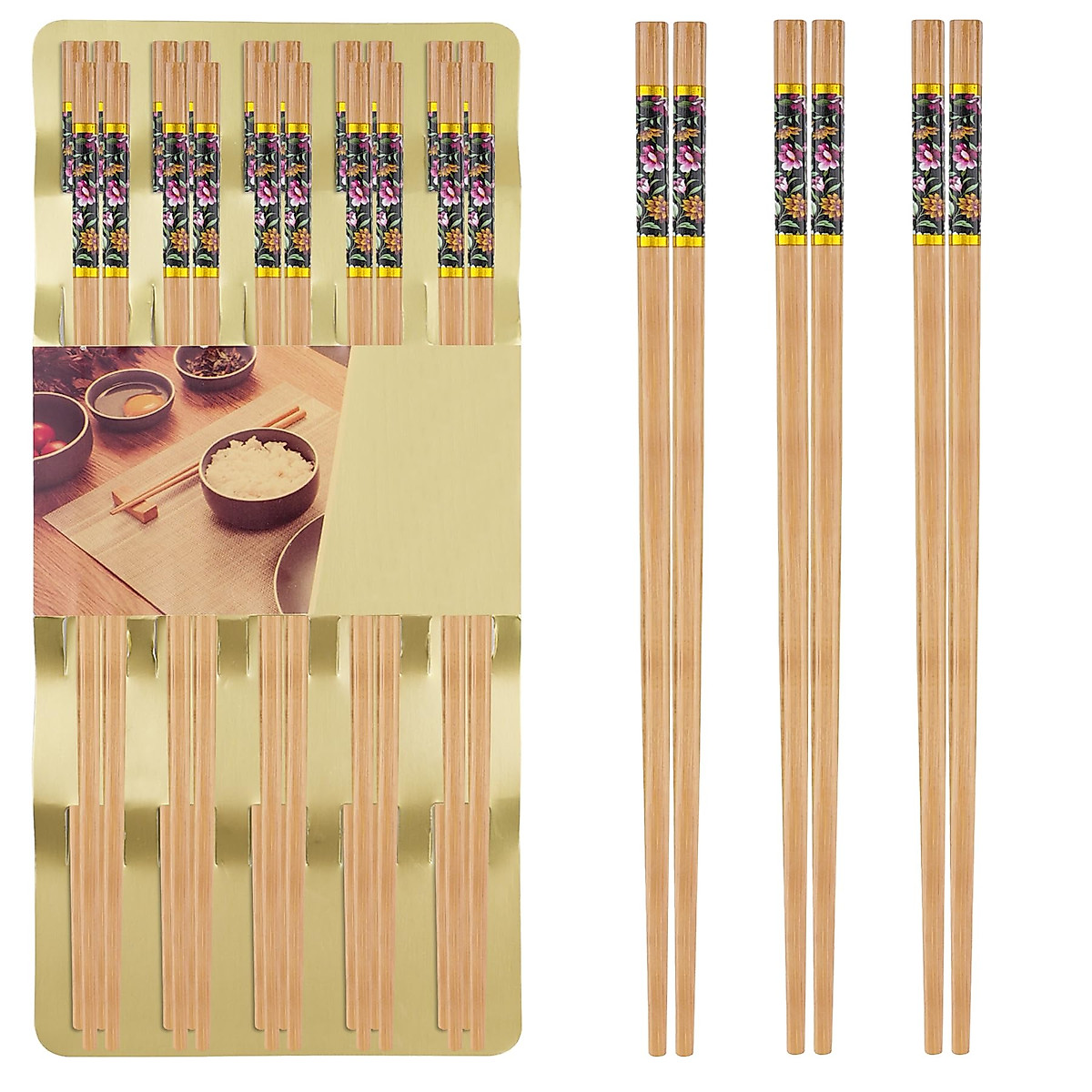 10 Pairs Bamboo Chopsticks Reusable, Chinese Japanese Natural Non-slip Chopsticks Long Lightweight Chopstick Set For Restaurant Family - Gift Sets, 23.8CM/9.37inch -Peony