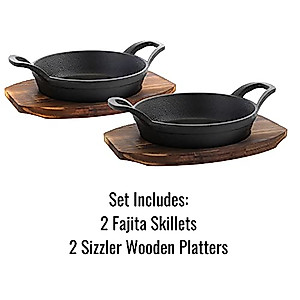 Bruntmor Mini Cast Iron Sizzler Plates Skillet Set Of 4. Round Fajita Plate With Wooden Base/Pan Tray Serving Sizzling Dish And Fajitas, Hot Steak Skillet Dish Without Sinking (2 Sets)