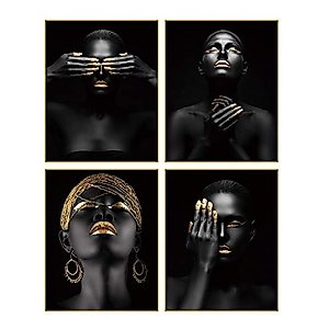 African American Wall Art Painting Black Woman Fashion Pop Gold Earrings Necklace Black Set of 4 (8”X10” Canvas Picture) Pretty Girl Room Poster Art Painting Bedroom or Room for Home Decor No Frame