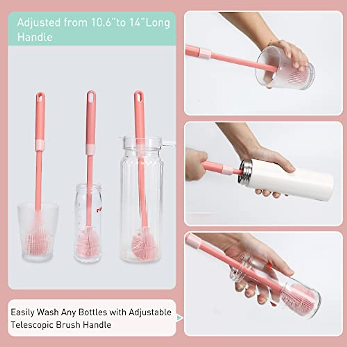 Baby Bottle Brush, VOOWO Telescopic Silicone Bottle Brush for Cleaning with Long Handle, Water Bottle Cleaner Brush with Nipple & Straw Cleaner, Included Towel (Pink Telescopic Brush & Stand)