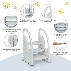 Toddler 3 Step Stool Onasti Kids Standing Tower for Toddlers Plastic Learning Helper Stool for Kitchen Counter Bathroom Sink Toilet Potty Training with Handles and Non-Slip Pads-Grey White