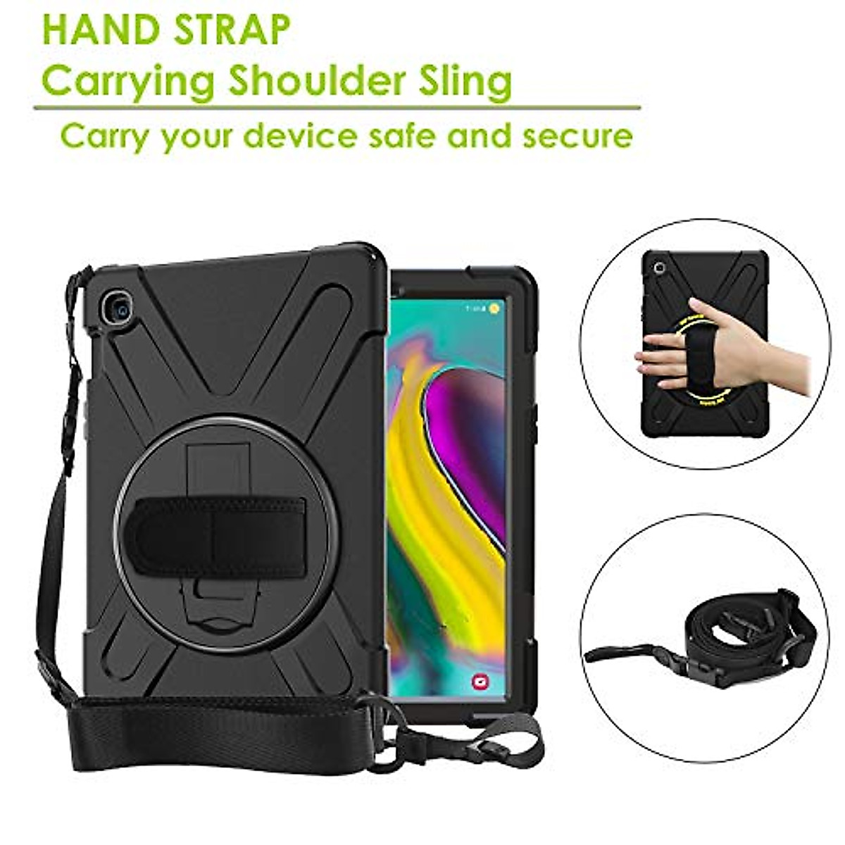 KIQ Shield Series Samsung Tab 10.1 Case SM-T510/T515 Samsung Galaxy Tab A 10.1 Case 2019 Shockproof Rugged Cover 360 Kickstand, Hand Strap & Shoulder Strap for Galaxy Tab A 10.1 Inch - Black