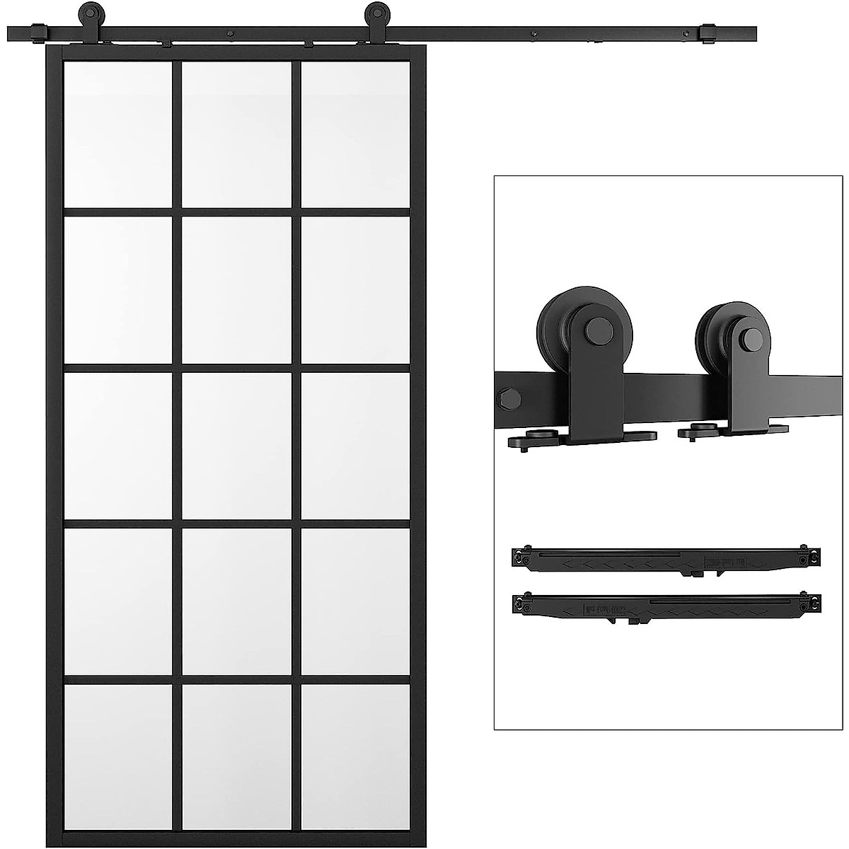 BARNSMITH 42in x 84in Frosted Glass Barn Door with 7FT Top Mounted Hardware kit Include Soft Close Mechanism DIY 15 Lites Modern Aluminum Frame Glass Sliding Barn Door Disassembled Easy Installation