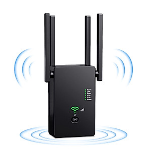 PAKESI WiFi Extender Signal Booster, 4 Antennas 360° Degree Full Coverage WiFi Extender Signal Amplifier,with AC1200 Dual Band Wireless Signal Booster,Coverage up to 2640sq.ft and 25 Devices